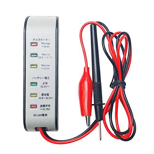 電圧測るくん（LEDバッテリー電圧テスター）オルタネーター計測付き（12V専用）コンパクトでシンプルな利便性。見やすいLED表示。外形寸法（mm）長さ：30、奥行：17、高さ：109対応バッテリー電圧（V）：12生産国：中国　6ヶ月