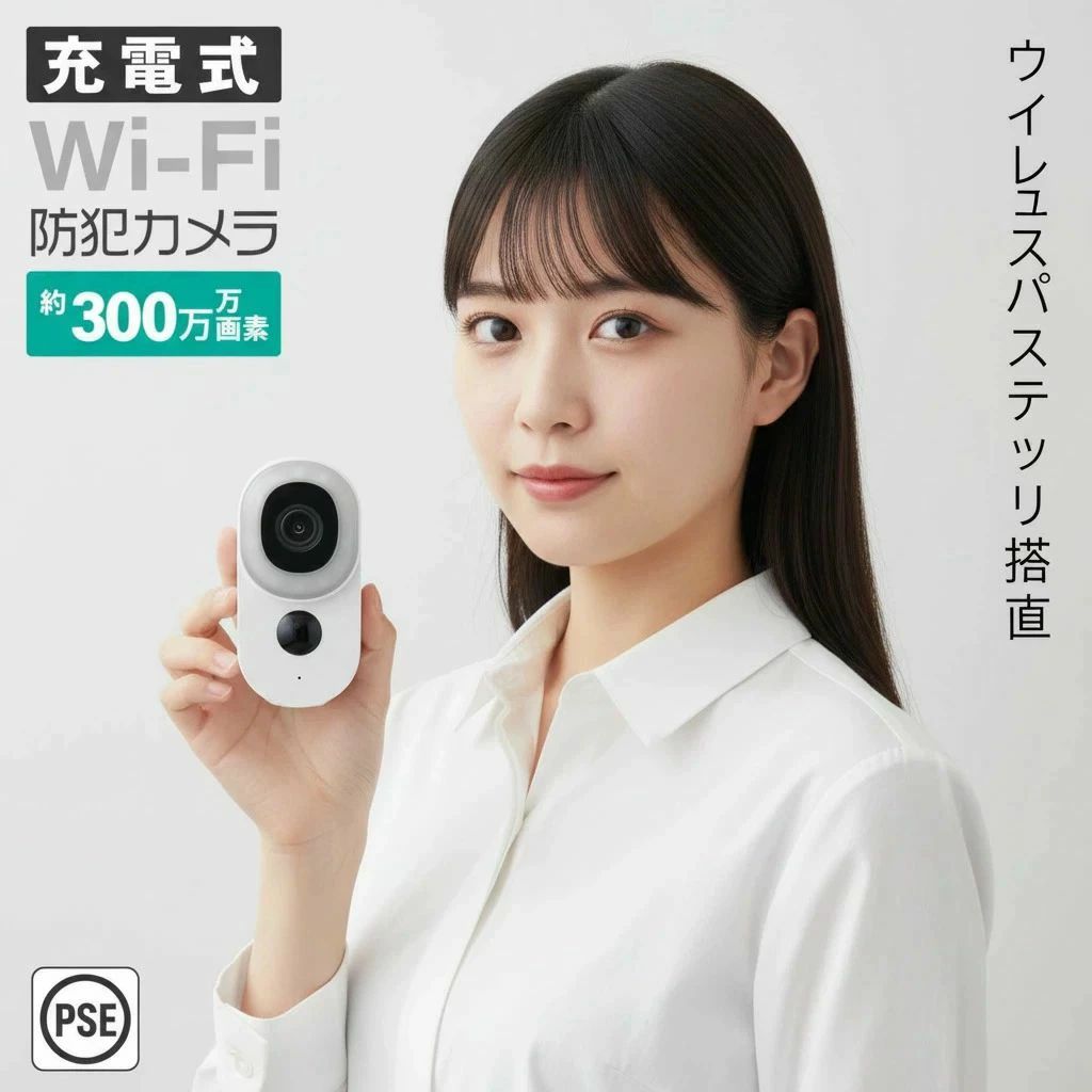 商品名充電式Wi-Fi防犯カメラ商品説明外出先からいつでもスマホで映像を確認できる防犯カメラです。自宅や店舗、会社の倉庫などの防犯対策として、赤ちゃんやペットの見守りなど使い方はいろいろ。ワイヤレスなので屋外・屋内いろいろな場所で使えます。...
