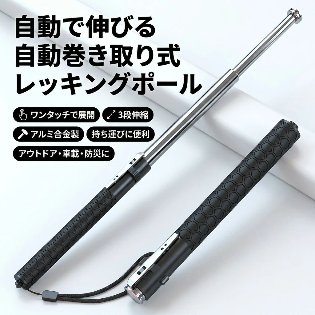 商品名 自動巻き取り式レッキングポールサイズ39.5cm-65cm素材合金鋼使用方法展開方法安全スイッチをONにする（OFFのままだと開閉できません）ボタンを押すと、自動で伸びる（しっかりロックされるか確認）収納方法安全スイッチをONにする...