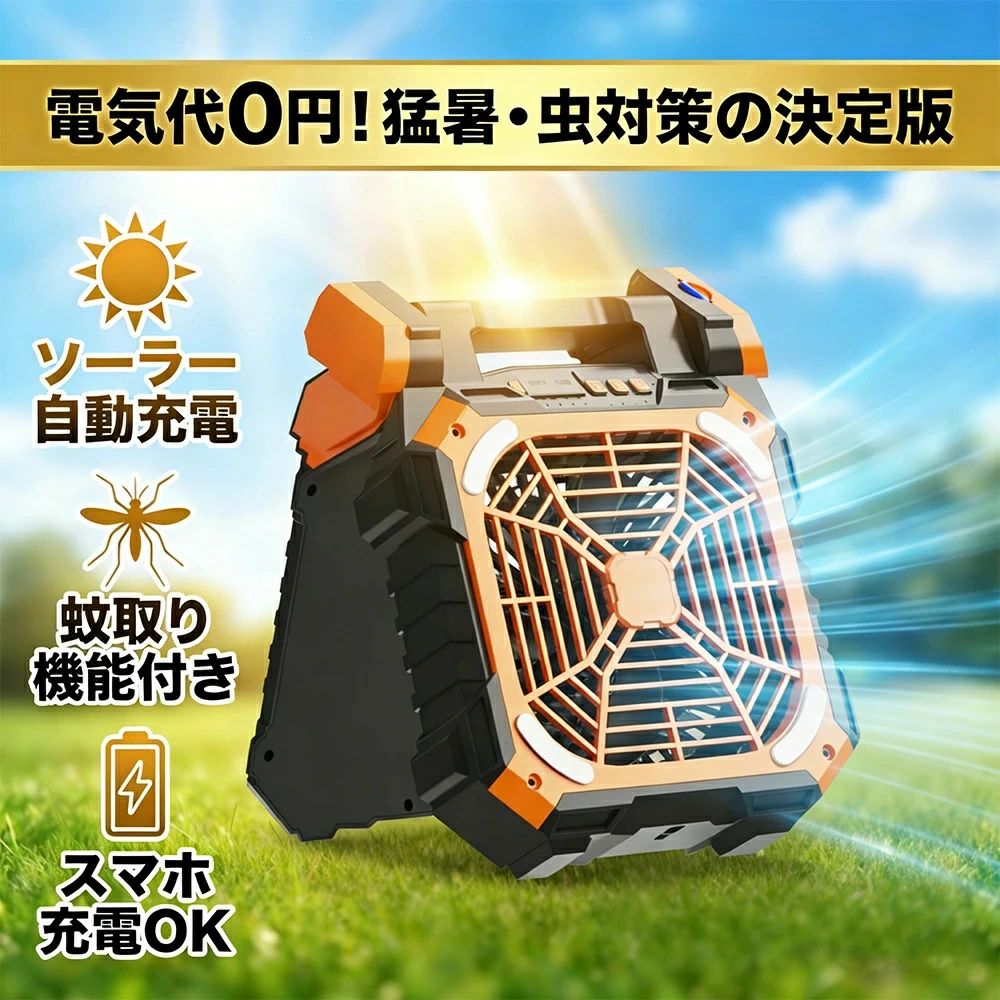 【2024年最新進化版！虫よけ×猛暑対策】 ソーラー扇風機 蚊取り機能付き 8Wソーラーパネル 5200mAh大容量 アウトドア キャンプ 防災 停電対策 サーキュレーター スマホ充電 LEDライト 3段階風量 4.5m/s強力 タイマー機...