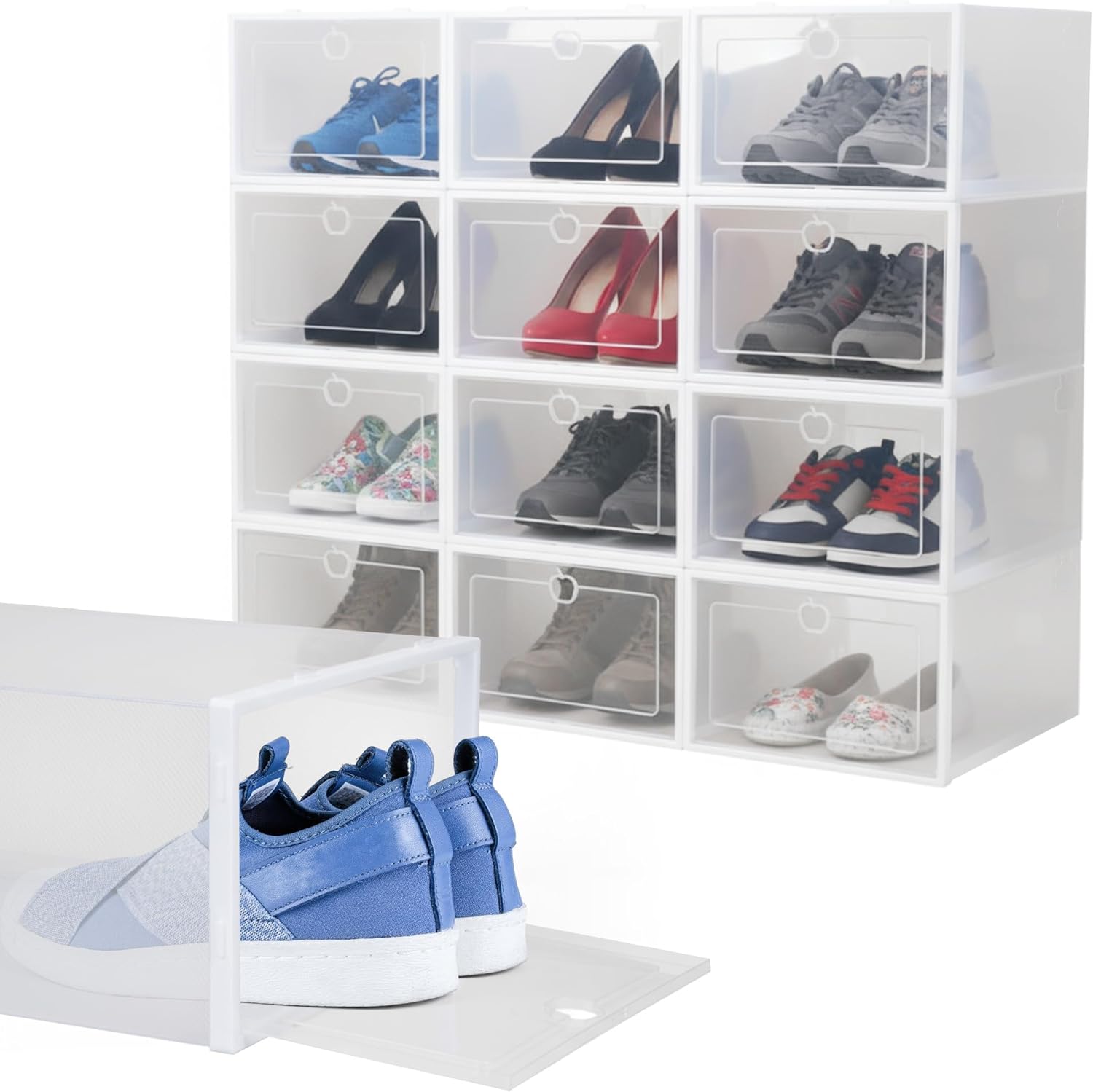 製品仕様 ブランド：aleawol 材質：PP 色：白+透明 商品サイズ：33cm x 23cm x 14cm パッケージリスト シューズボックス x 12 用途： このシューズボックスは、メンズやレディースの革靴、カジュアルシューズ、スポ...