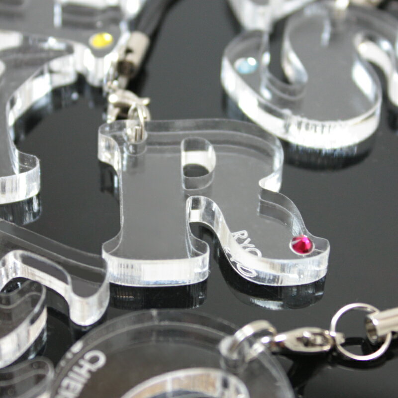 サイズ 高さ約30mm×横幅はアルファベットによって異なります×厚さ5mm。 素材 アクリルクリア 名入れ 彫刻するお名前は「入力欄」へご記入下さい。 日本語：5文字まで・ローマ字：10文字 までとさせていただきます。 備考 備考：ストラッ...