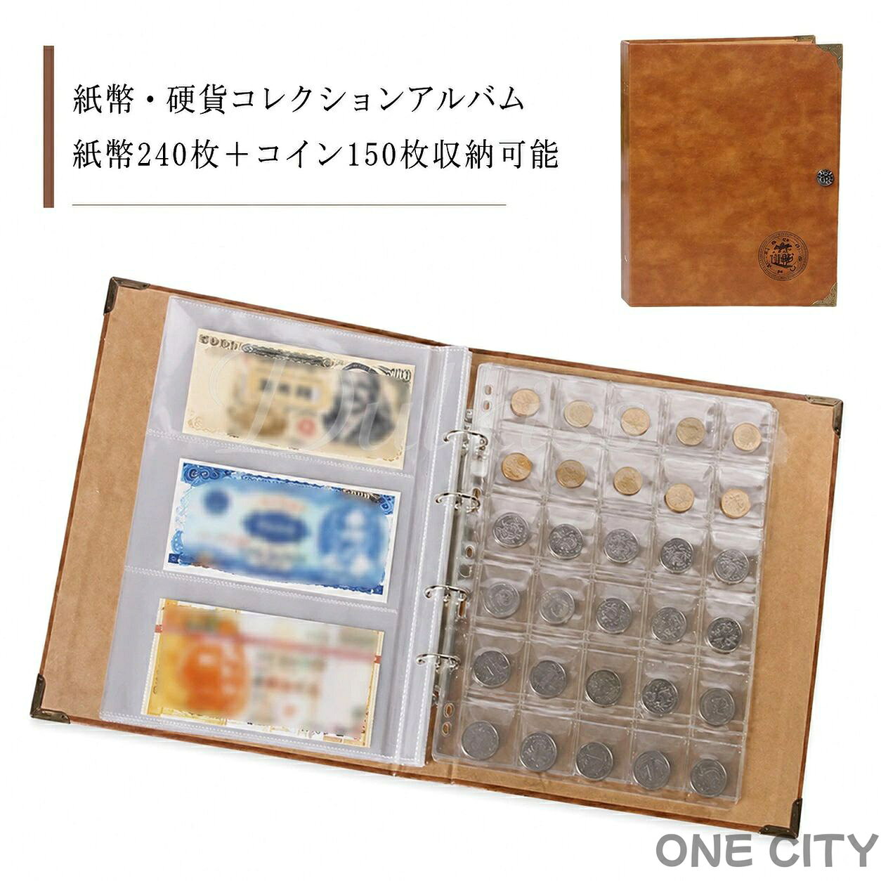 紙幣・硬貨コレクションアルバム紙幣240枚＋コイン150枚収納可能硬貨と紙幣が一緒に収納できるコレクションケースカバーは水や汚れに強いPUレザー素材を使用。汚れが付着した際はサッと拭き取ることが可能。バインダータイプなので場所を取らない、本...