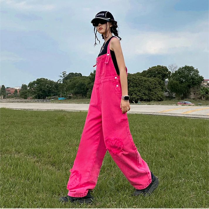 ピンクデニムオーバーオール レディース 春 夏 オーバーオール ガーリー ハイウエスト ルーズ ストレート ジャンプスーツ ジーンズ デニム ボトムス アメカジコーデ. カジュアル ストリート 可愛い 10代 20代 30代 40代 D51...