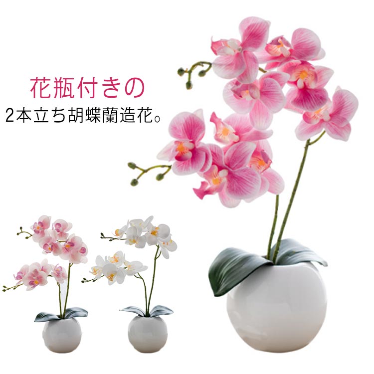 花瓶付きの2本立ち胡蝶蘭造花。生花のようなお世話が不要で、エアコンの風や光量などに気を使わず、お忙しい方にもお気軽に胡蝶蘭の美しさをお楽しみ頂けますので、贈られた方に気を遣わせません。枯れないお花はお手入れ不要で贈り先の方に大変喜ばれます。...
