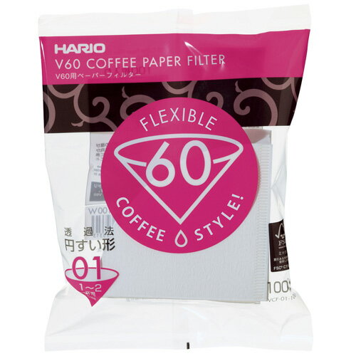 ■V60透過ドリッパー01サイズに対応した円すい形ペーパーフィルターです ■ホワイトタイプ 100枚入りVCF01100W重量：40g材質：天然パルプ原産国：日本V60透過ドリッパー01サイズに対応したペーパーフィルター