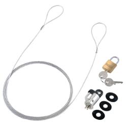 ■簡単取り付けできます■周辺機器も同様にロックできますSL59セット内容取付部品×1個、ワイヤー×1本(直径2.2mm、長さ2.0m)南京錠×1個、鍵×2本、スペーサー×3種　