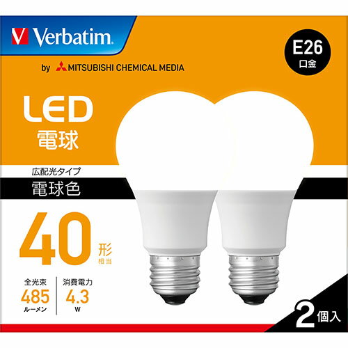 ■約40000時間の長寿命■広配光タイプ■2個セットLDA4LGLCV2X2W数：4.3W全光束：485lm定格寿命：40000時間定格入力電圧：100V定格入力電流：0.077A口金：E26光色：電球色色温度：3000K発光効率：98.6...