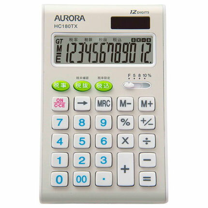 ■早打ち対応■計算状態表示付き■税率指定と自由設定スイッチKC180TXW桁数：12桁税計算：○関数計算：-電池寿命：約-年電源：寸法：幅 72×高さ 13.5×奥行 118mm質量：約56.3g付属品：デュアルパワー
