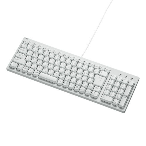 ■幅400以下のコンパクトサイズでありながら、テンキー付のフルキーボード■キーピッチはスタンダードキーボードと同じ19mmキーピッチ■キートップは標準的な深い押し心地のメンブレンタイプ■USB-PS/2コネクタ付。USB接続でもPS/2接続...