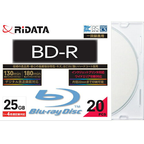 ■1〜4倍速対応■記憶容量 25GB(1層)■インクジェットプリンター対応BDR130PW4X20P用途：録画・録音用フォーマット：BD-R記録層：1層ディスク外径：12記録容量：25GB記録時間　地上デジタル：180min　BSデジタル：...
