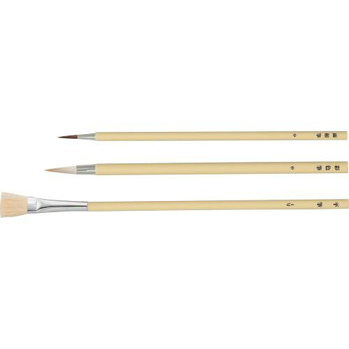 商品サイズ : 面相筆(中):全長 約200mm、穂先:約φ1.5×14mm、彩色筆(中):全長 約210mm、穂先:約φ5.5×25.5mm、平4号:全長 約230mm、穂先:約10×20mmセット内容 : 面相筆(中):馬毛、彩色筆(中...