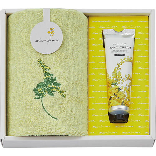 ■ハンドタオル1枚・ハンドクリーム50g1本春を告げる花ミモザをモチーフとした今治タオルと、天然香料ミモザ精油がふんわりと柔らかく香る、するすると伸びる滑らかな使い心地のハンドクリームのセット。ハンドクリームはヘーゼルナッツオイルとアロエベ...