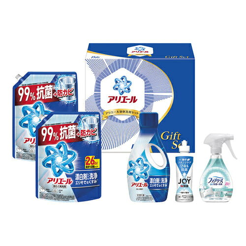■アリエールジェル(本体)700g・ファブリーズW除菌370ml・除菌ジョイコンパクト170ml各1本・アリエールジェル超特大サイズ(詰替用)625g2個使用方法　●本商品は洗濯用液体洗剤・台所用洗剤・消臭剤のギフトセットです。●日常の洗濯...