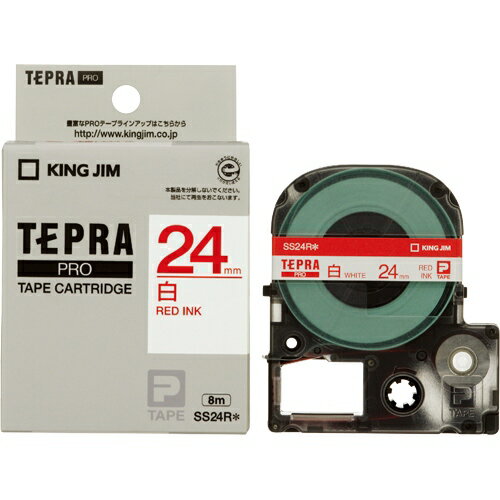 「テプラ」用テープカートリッジ。豊富なカラーバリエーションと種類が揃ったPROテープカートリッジ。お店のPOPや室内の公共表示に最適な24mm幅です。■商品詳細メーカー名：キングジム規格：Pテープ規格ラベル幅：24mmラベル色：白文字色：赤...