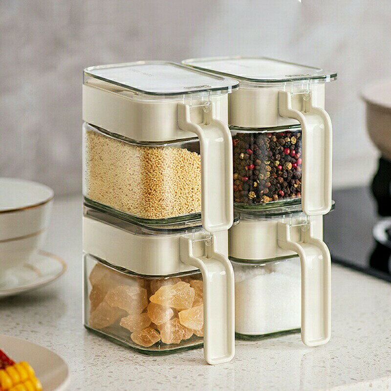 ■ 商品名スプーン付き調味料入れ（1個）■ カラーホワイトベージュ■ サイズ7.1×13.1×9.2cm■ 材質蓋/スプーン：食品級PP、本体：グラス