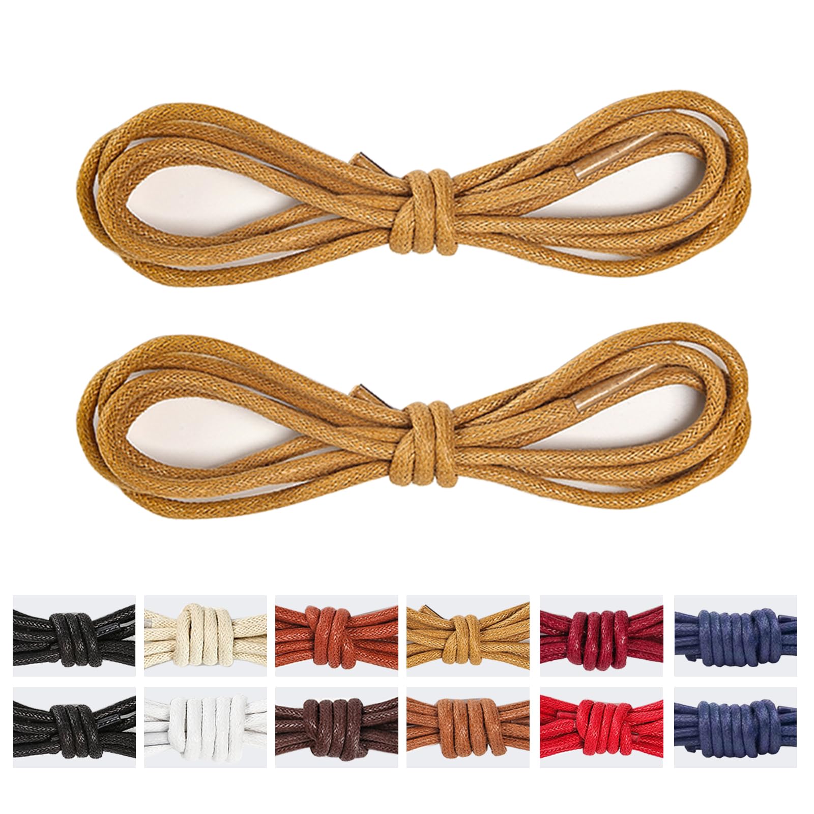 ・形状:丸紐 ・素材:コットン(ワックス仕上げ) ・幅:3mm ・長さ:60cm、70cm、80cm、90cm、100cm、110cm(2~4cmの誤差あり) ・入り数:2足分(4本) ・カラー展開:10色(ブラック、ブラウン、カーキ、レッ...