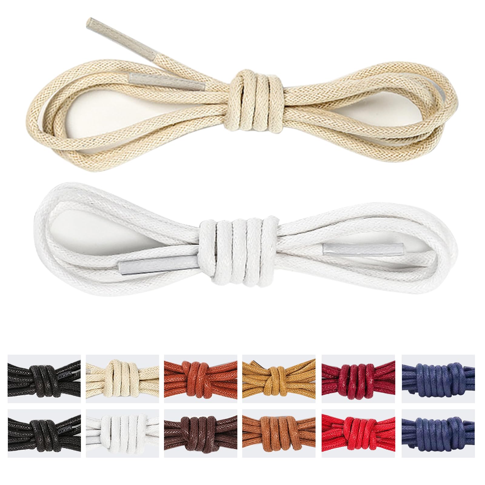 ・形状:丸紐 ・素材:コットン(ワックス仕上げ) ・幅:3mm ・長さ:60cm、70cm、80cm、90cm、100cm、110cm(2~4cmの誤差あり) ・入り数:2足分(4本) ・カラー:ブラック、ブラウン、カーキ、レッド、ベージュ...