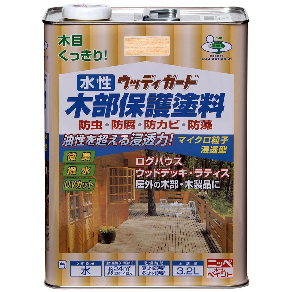 ・容量:3.2L ・カラー:透明クリアー ・塗り面積(2回塗り):約24平方メートル(タタミ約14枚分) ・乾燥時間:夏(30℃)約2時間、冬(10℃)約4時間 ・うすめ方:水(5%が目安)