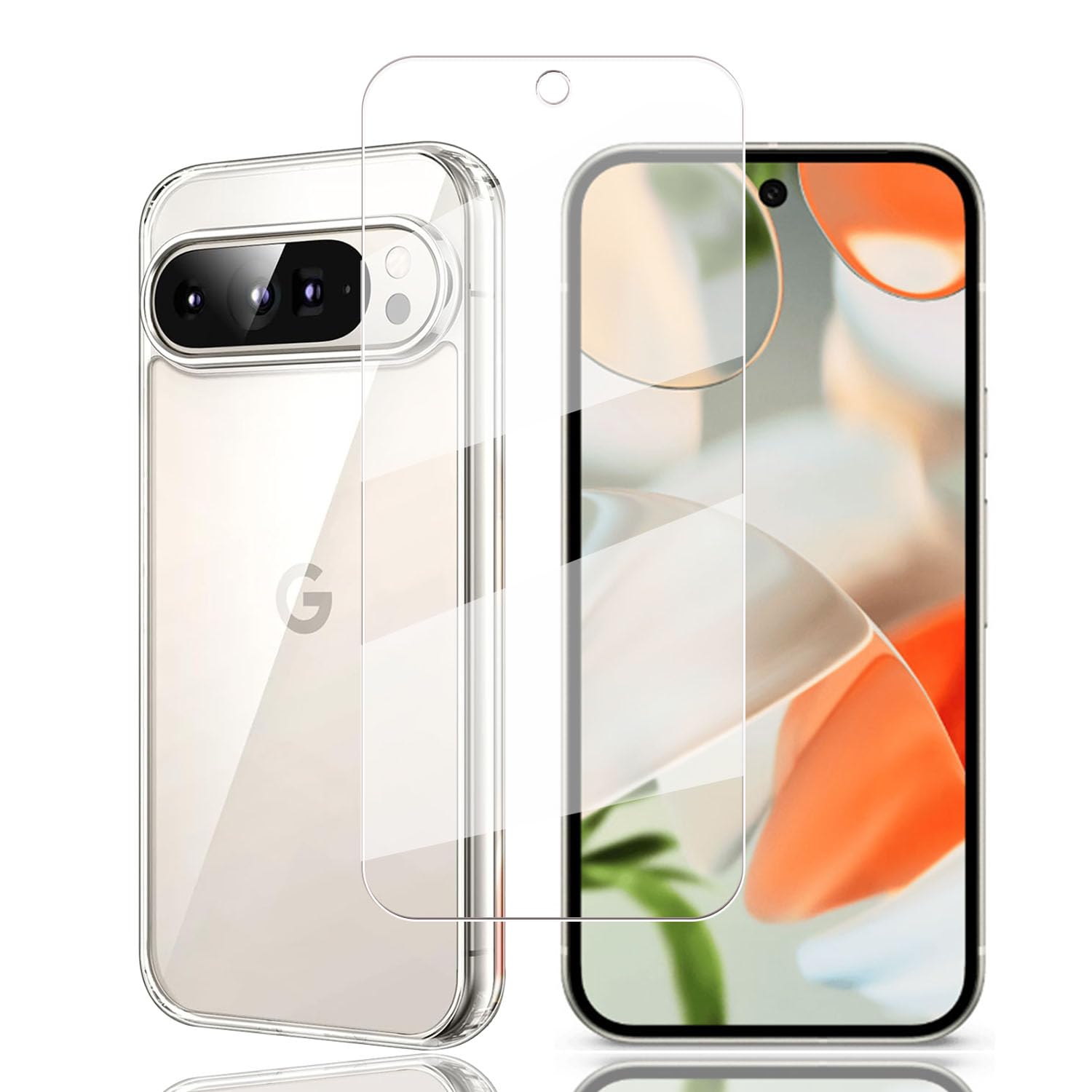 ・対応機種:Google Pixel 9 ・ケース素材:高品質TPU ・フィルム素材:日本旭硝子製強化ガラス ・透過率:99% ・硬度:9H ・加工:ラウンドエッジ加工、アンチオイルコーティング、飛散防止加工、散熱加工