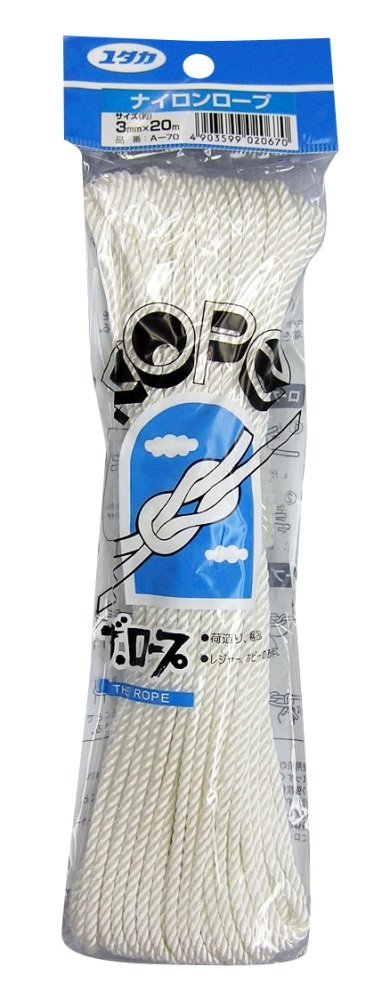 ・原産国:日本 ・材質:ナイロン ・耐候性: ・耐水性: ・耐熱性:約100℃以内 ・耐薬品性: ・比重:水に沈む ・サイズ:3mm×20m ・構造:3ツ打