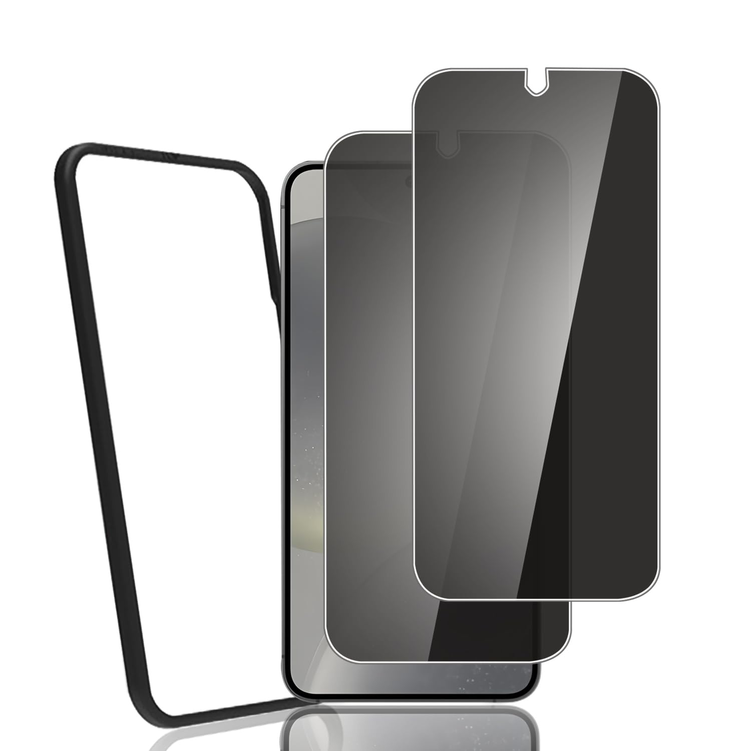 ・対応機種:Galaxy S24 5G (SCG25 / SC-51E) ・素材:日本製旭硝子 ・硬度:9H ・機能:覗き見防止、指紋防止、撥油コーティング、気泡防止 ・付属品:ガイド枠、フィルム2枚