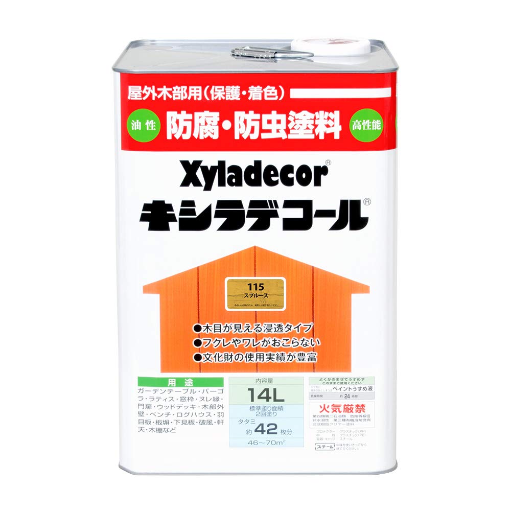 ・乾燥時間:約24時間 (20℃) ・塗重時間:26時間 (20℃) ・塗り面積(2回塗・14L):約4670m (タタミ約42枚分) ・色:スプルース ・内容量:14L ・用途:屋外木部専用(ラティス、プランター、トレリス、ガーデングッズ...