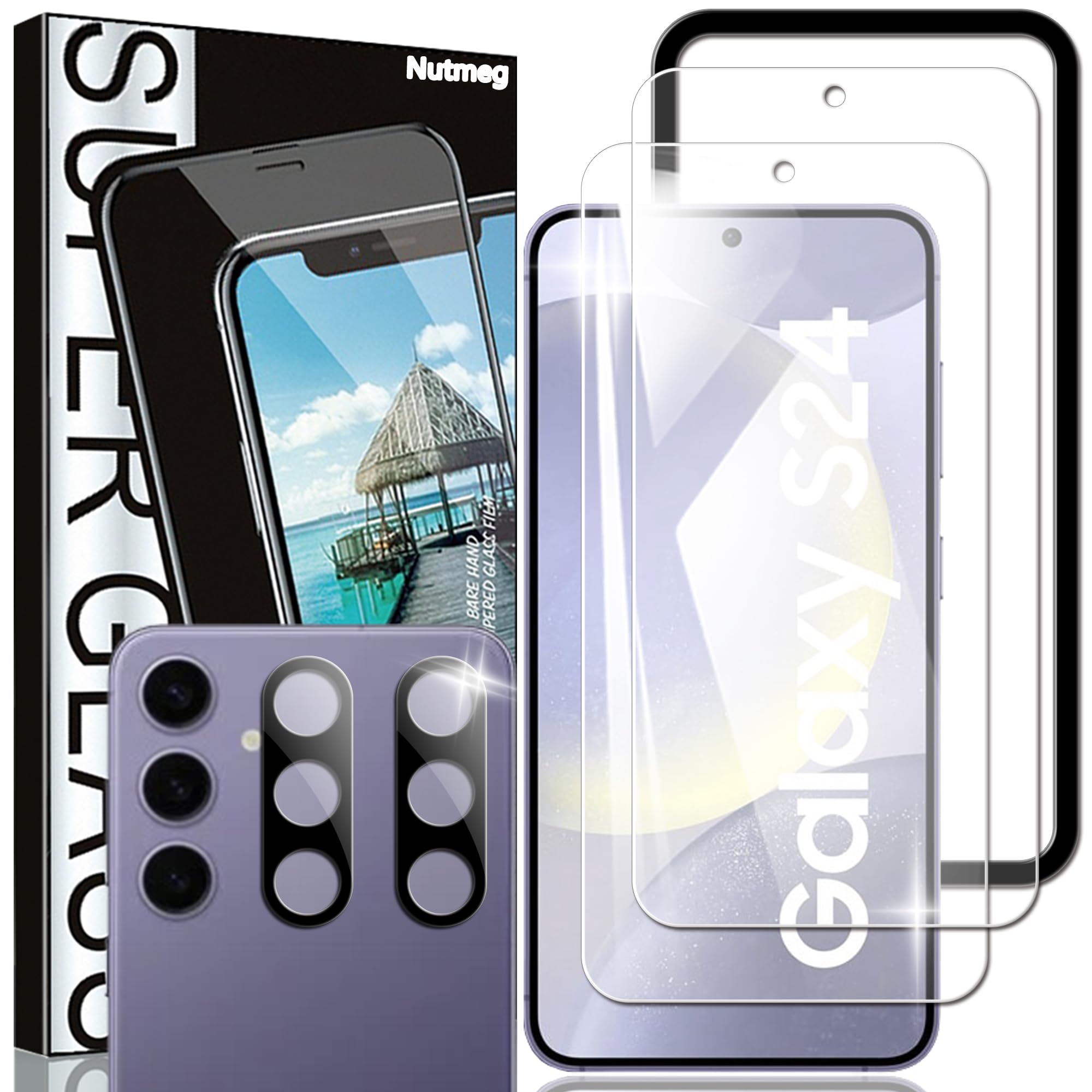 ・セット内容:Galaxy S24用ガラスフィルム2枚、Galaxy S24用カメラフィルム2枚 ・硬度:9H ・素材:日本旭硝子 ・透過率:99% ・機能:指紋防止、撥水撥油、飛散防止、衝撃吸収、気泡防止、高感度タッチ対応