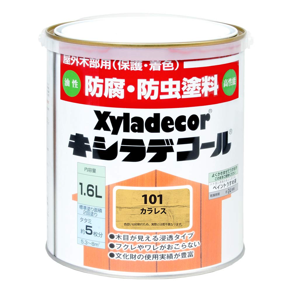 ・容量:1.6L ・乾燥時間:約24時間(20℃) ・塗重時間:26時間(20℃) ・塗り面積(2回塗):約5.38m(タタミ約5枚分) ・用途:屋外木部(ラティス、プランター、トレリス、ベンチ、フェンス、遊具、ウッドデッキ、パーゴラ、羽目...