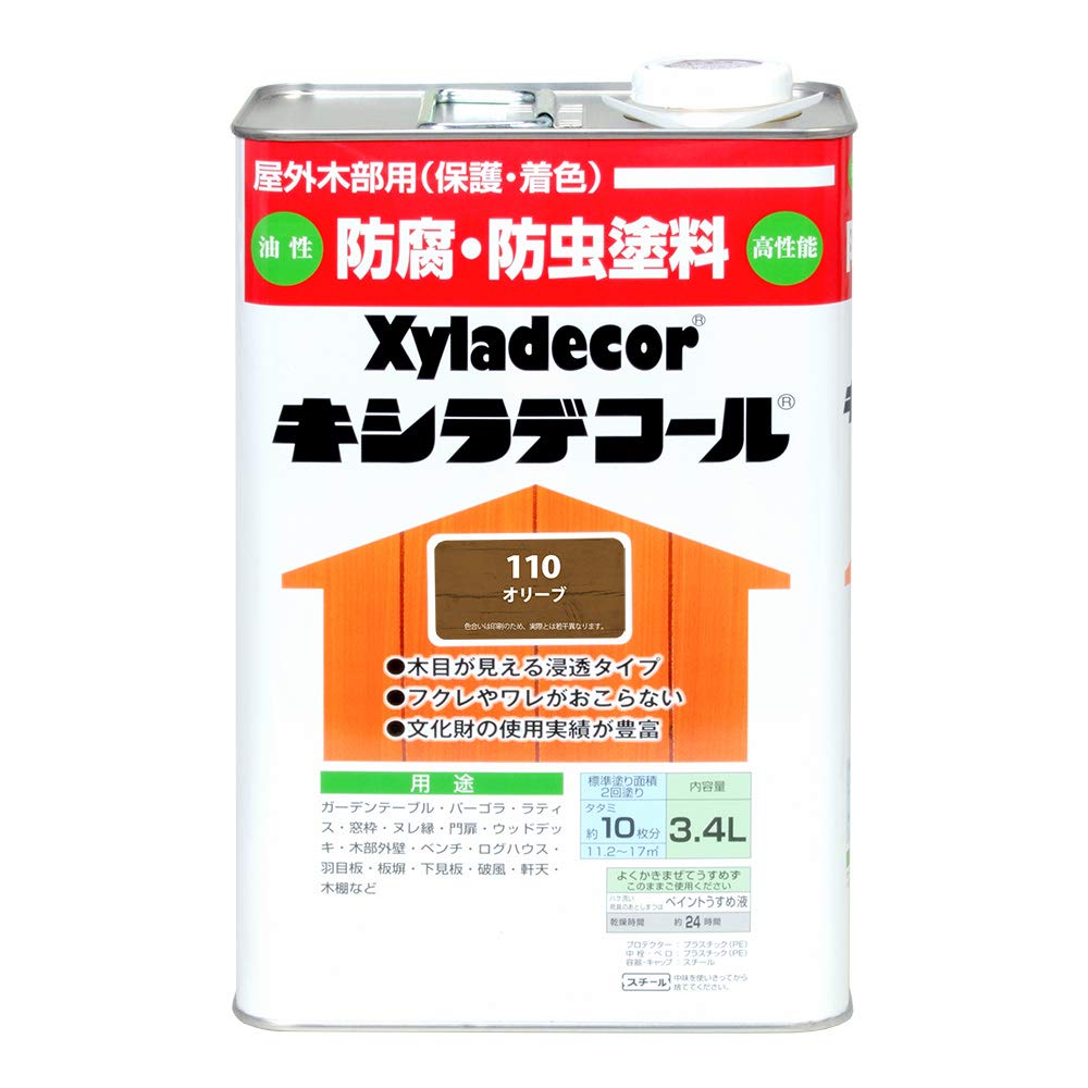 ・内容量:3.4L ・乾燥時間(20℃):約24時間 ・塗重時間(20℃):2~6時間 ・塗り面積(2回塗/3.4L):約11.2~17 (タタミ約10枚分) ・用途:屋外木部専用 ・希釈:薄めず使用(洗浄にはペイントうすめ液を使用)