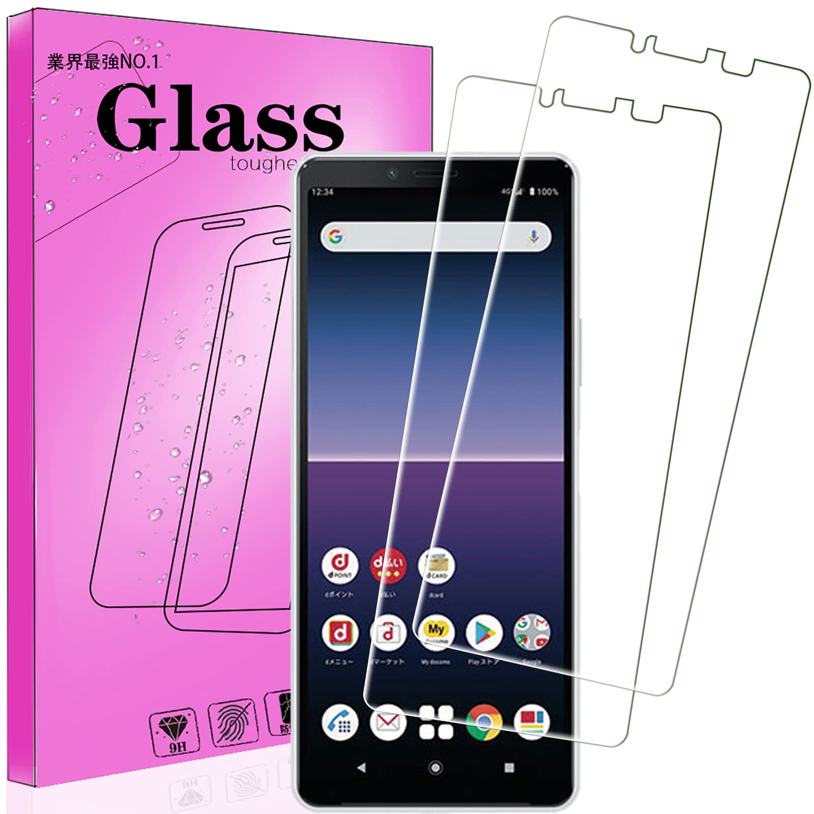 ・対応機種:Sony Xperia 10 ii (SO-41A / SOV43) ・入数:2枚 ・素材:日本旭硝子(AGC)強化ガラス ・表面硬度:9H ・透過率:99% ・機能:撥水撥油、指紋防止、飛散防止、衝撃吸収、自動吸着、低反射