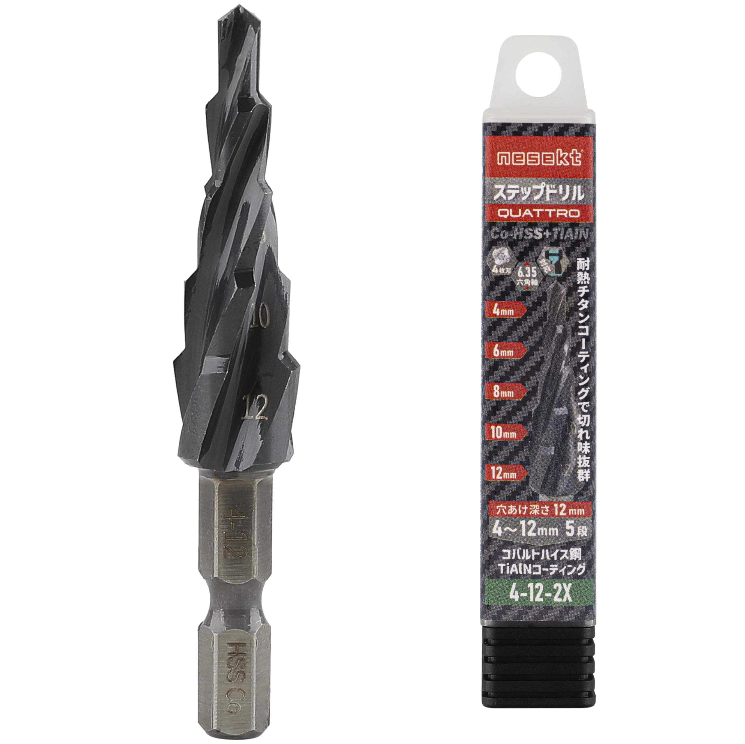 ・軸径:6.35mm六角軸 ・表面処理:チタンコーティング ・刃数:4枚刃 ・サイズ:4-12mm ・段数:5段 ・加工目安厚さ:鉄鋼・アルミ2mm、ステンレス1mm、樹脂・木材12mm ・材質:コバルトハイス鋼