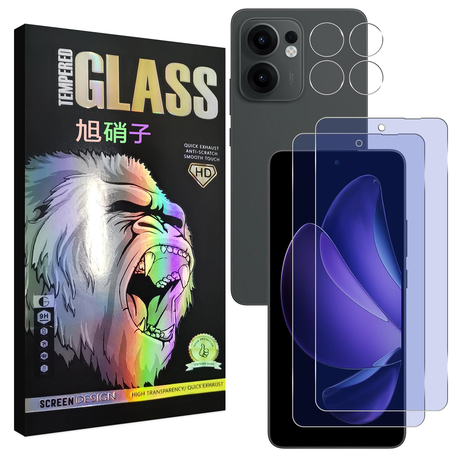 ・対応モデル:OPPO Reno13 A ・セット内容:画面保護フィルム2枚、レンズ保護フィルム2枚 ・ブルーライトカット率:93% ・素材:国産AGC旭硝子 ・硬度:9H ・厚さ:0.26mm ・透明度:99% ・機能:ブルーライトカット...