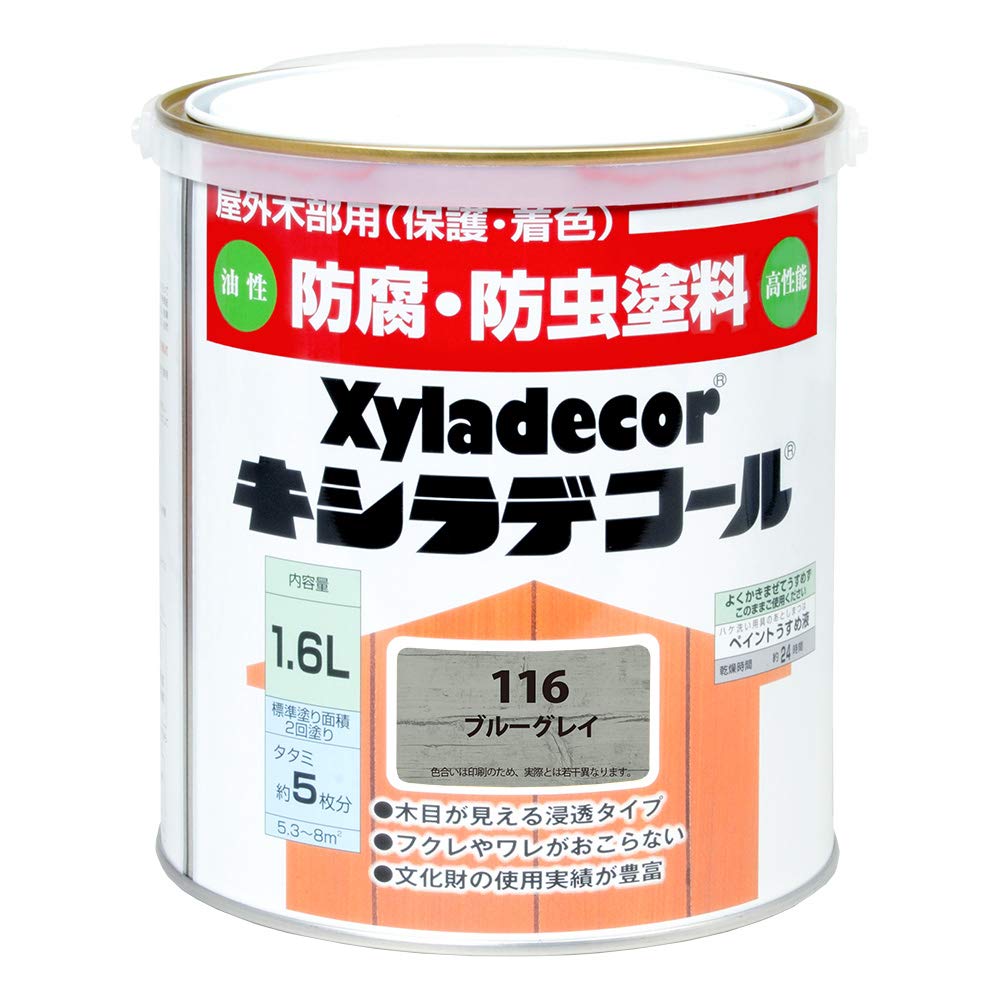 ・容量:1.6L ・乾燥時間:約24時間 (20℃時) ・塗重時間:2~6時間 (20℃時) ・塗り面積(2回塗):約5.3~8m (タタミ約5枚分) ・用途:屋外木部専用