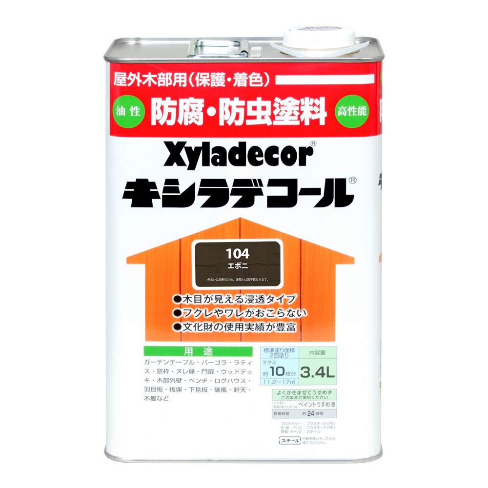 ・容量:3.4L ・乾燥時間:約24時間(20℃) ・塗重時間:26時間(20℃) ・塗り面積(2回塗):約11.217m(タタミ約10枚分) ・用途:屋外木部(ラティス、プランター、トレリス、ベンチ、フェンス、遊具、ウッドデッキ、パーゴラ...