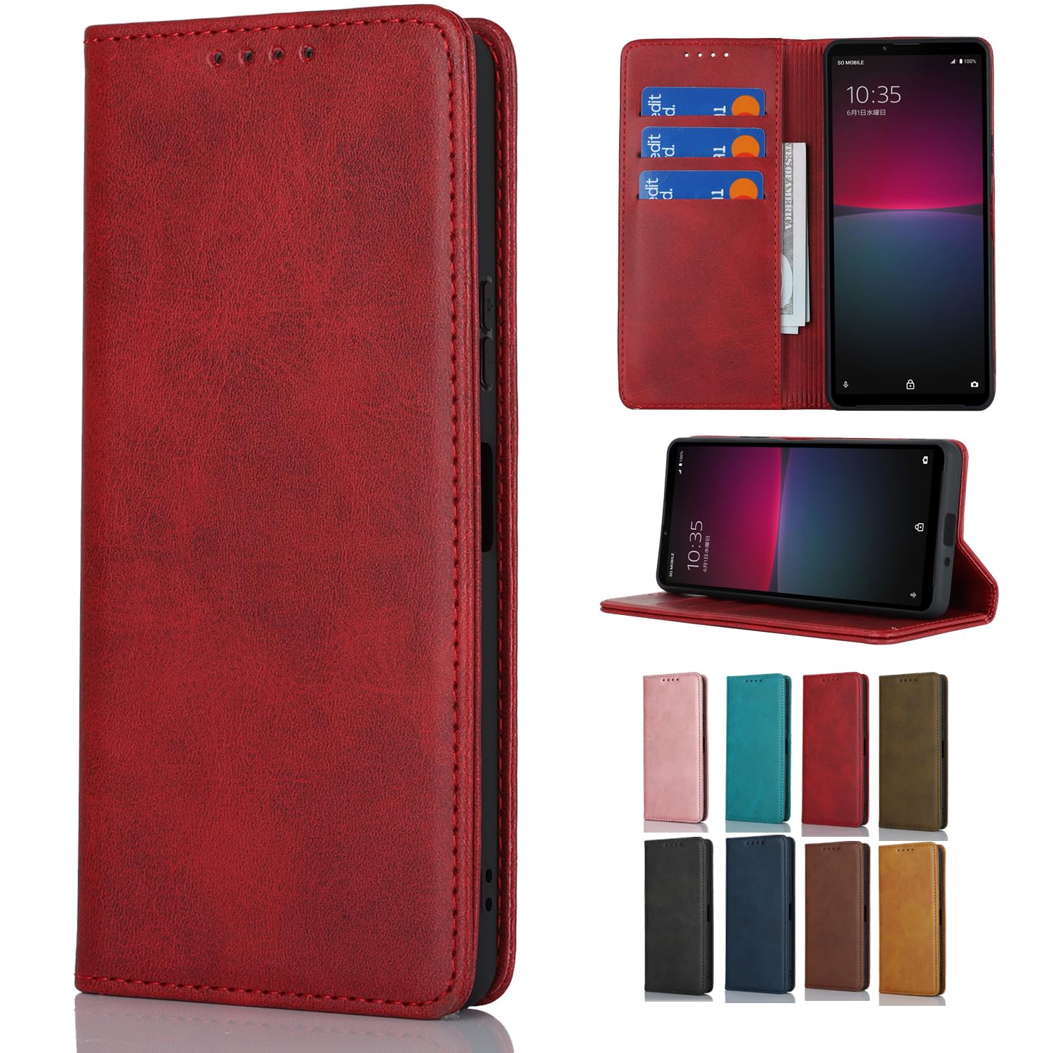 ・対応機種:Xperia 1 V (SO-51D / SOG10) ・素材:PUレザー、TPU ・収納:カードスロット×3、サイドポケット×1 ・機能:衝撃吸収、磁気ロック、スタンド機能、横置き対応、内蔵マグネット ・カラー:レッド