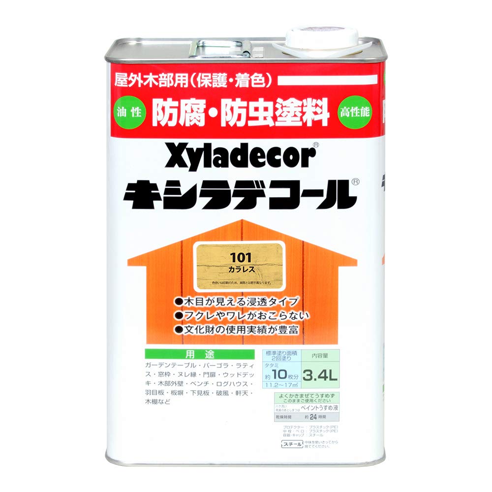 ・内容量:3.4L ・乾燥時間:約24時間(20℃) ・塗重時間:2~6時間(20℃) ・塗り面積(2回塗):約11.2~17m(タタミ約10枚分) ・用途:屋外木部(ガーデニング用品、木製品、ウッドデッキ、ログハウス等) ・希釈:不要(薄...