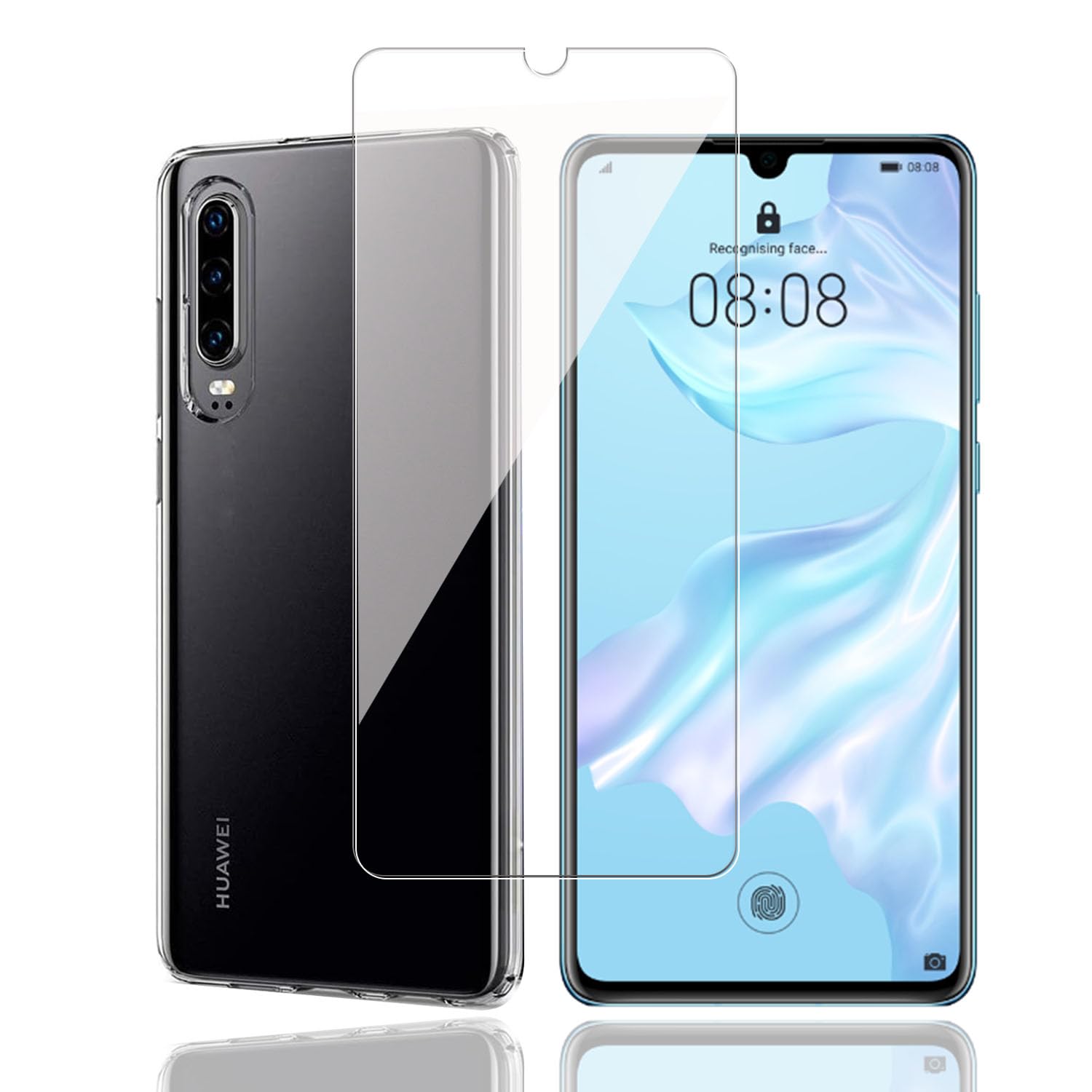 ・対応機種:Huawei P30 ・ケース素材:高品質TPU ・フィルム素材:日本旭硝子製強化ガラス ・ケース透明度:99% ・ガラス硬度:9H ・加工:飛散防止加工、ラウンドエッジ加工、アンチオイルコーティング、散熱加工、黄変防止加工