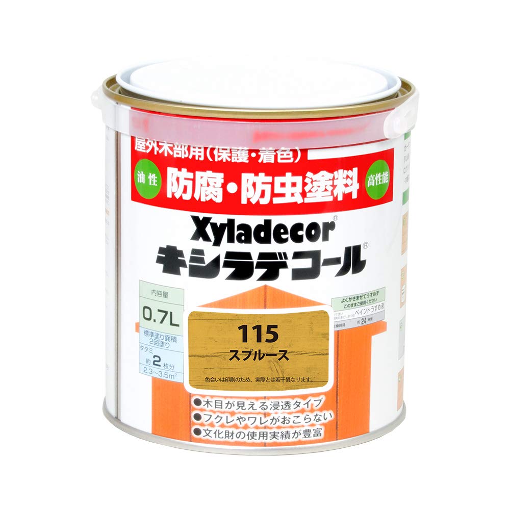 ・容量:0.7L ・乾燥時間:約24時間(20℃) ・塗重時間:26時間(20℃) ・塗り面積(2回塗):約2.33.5m(タタミ約2枚分) ・用途:屋外木部専用 ・希釈:薄めずそのまま使用(洗浄にはペイントうすめ液を使用)