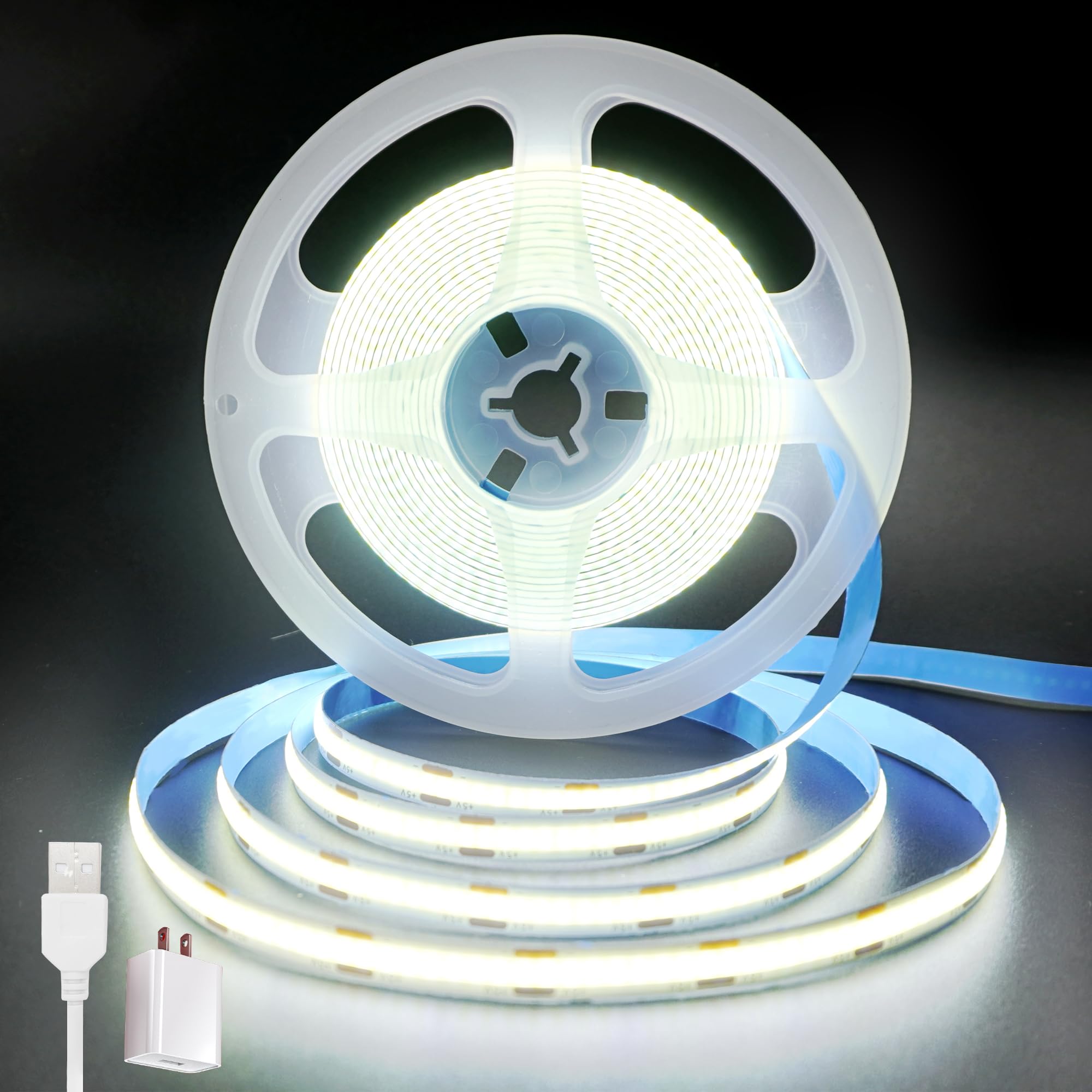 ・長さ:5M ・色温度:6500K(昼白色) ・LED密度:320LED/m ・消費電力:7W/m ・幅:8mm ・電源:DC5V ・電流:3A ・ケーブル規格:22AWG ・防水性能:非防水(IP20)