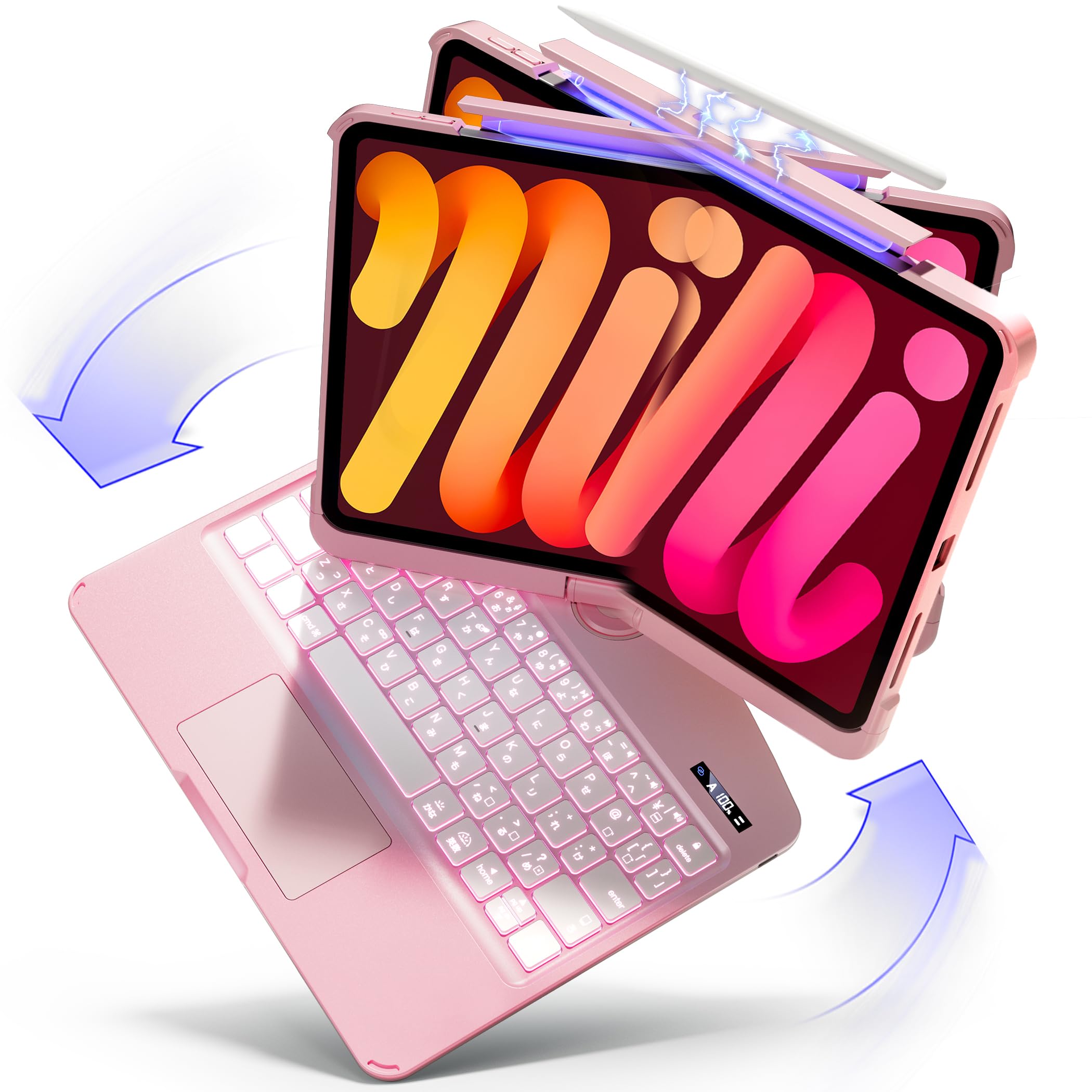 ・対応機種:iPad 第7/8/9世代 (10.2インチ) ・回転構造:360度回転ヒンジ ・ペン収納:マグネット式スライド収納 ・バックライト:7色、3段階輝度調整 ・キー構造:パンタグラフ式 ・キー配列:JIS日本語配列 ・接続方式:B...