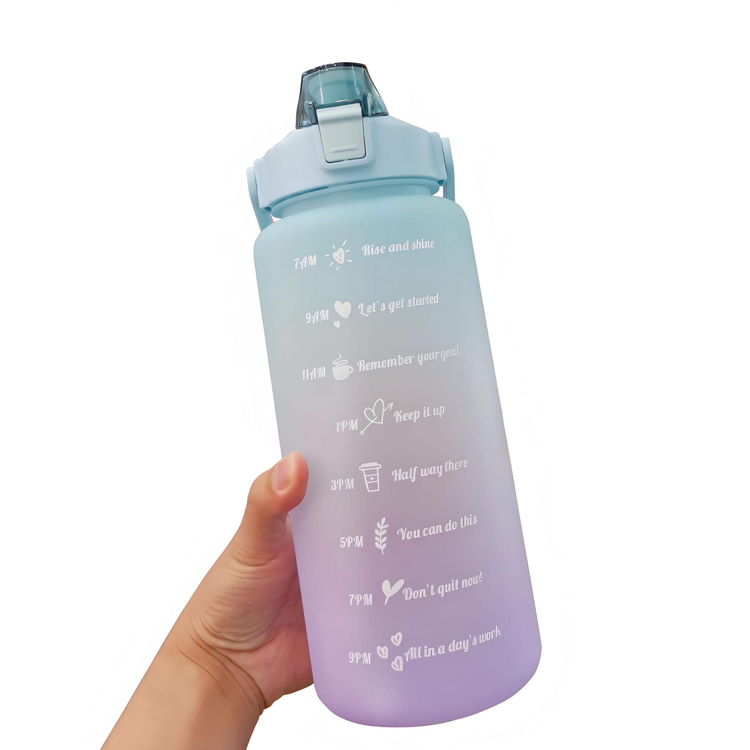 ・容量:2リットル ・素材:BPAフリー樹脂、シリコン(ストロー) ・機能:メモリ付き、直飲み対応、ワンタッチ開閉、360°漏れ防止