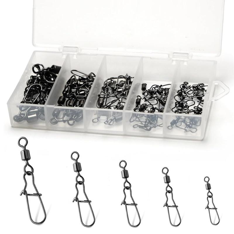 【50個セット】釣り ストロングスナップ付きスイベル マルチサイズセット 海釣り 釣り道具 ルアー用 釣り系コネクター ケース付き 釣り 仕掛け 釣り用ルアースナップスイベル 360度回転 強豊富なサイズ・大容量セット：本セットには2号・4...