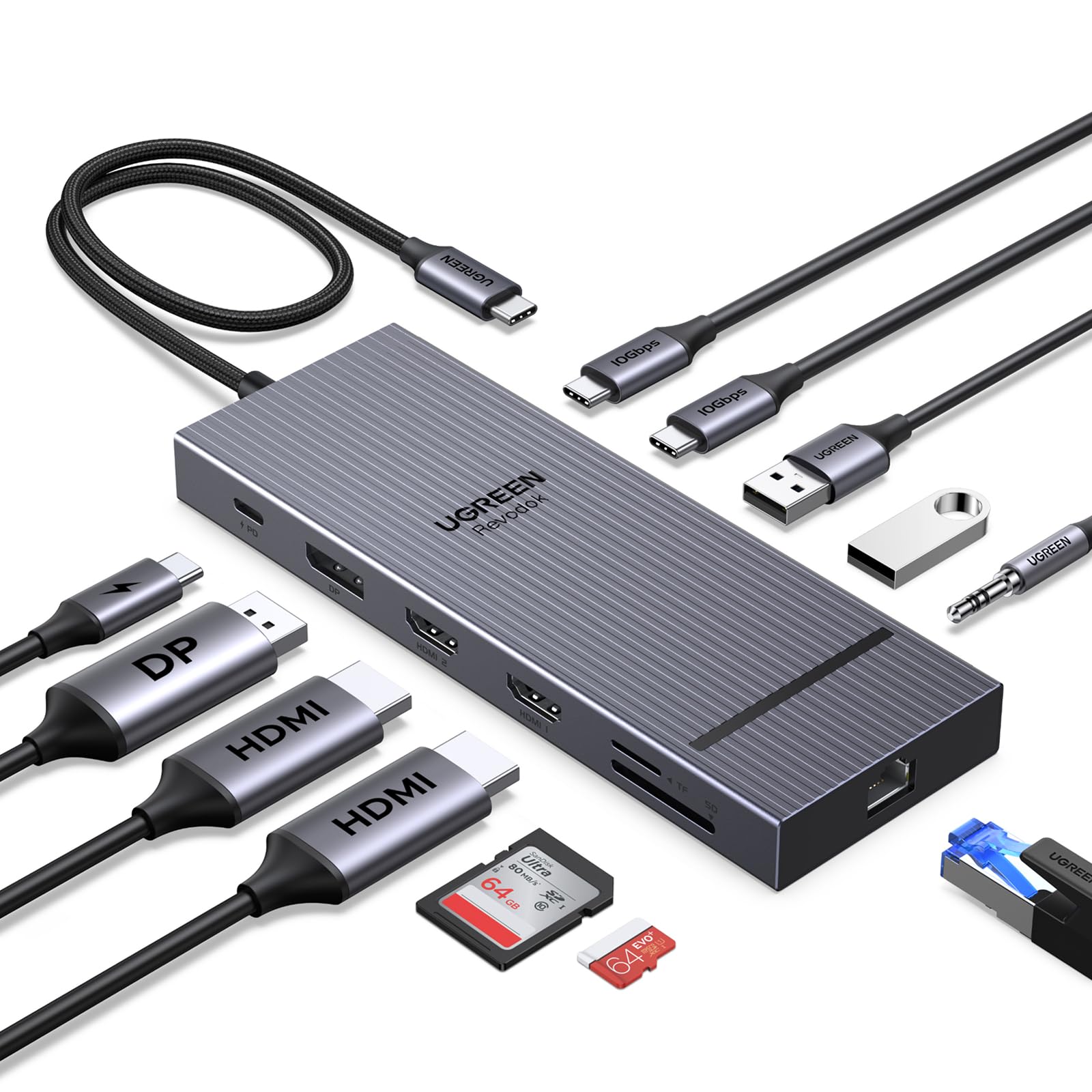 ・ポート構成:HDMI×2、DP×1、USB C 3.2 (10Gbps)×2、USB A 2.0×2、SD/TFカードスロット、100W PD充電ポート、1000Mbpsイーサネットポート、3.5mmオーディオジャック ・映像出力(シング...