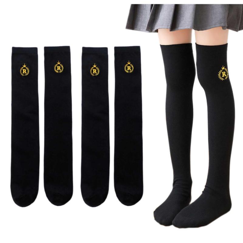 [GLASS FROG] キッズ オーバーニーソックス 黒 2足組 女の子 小学生 ロング丈 ワンポイント刺繍 ニーハイワンポイント刺繍のある女の子用オーバーニーソックス2足組