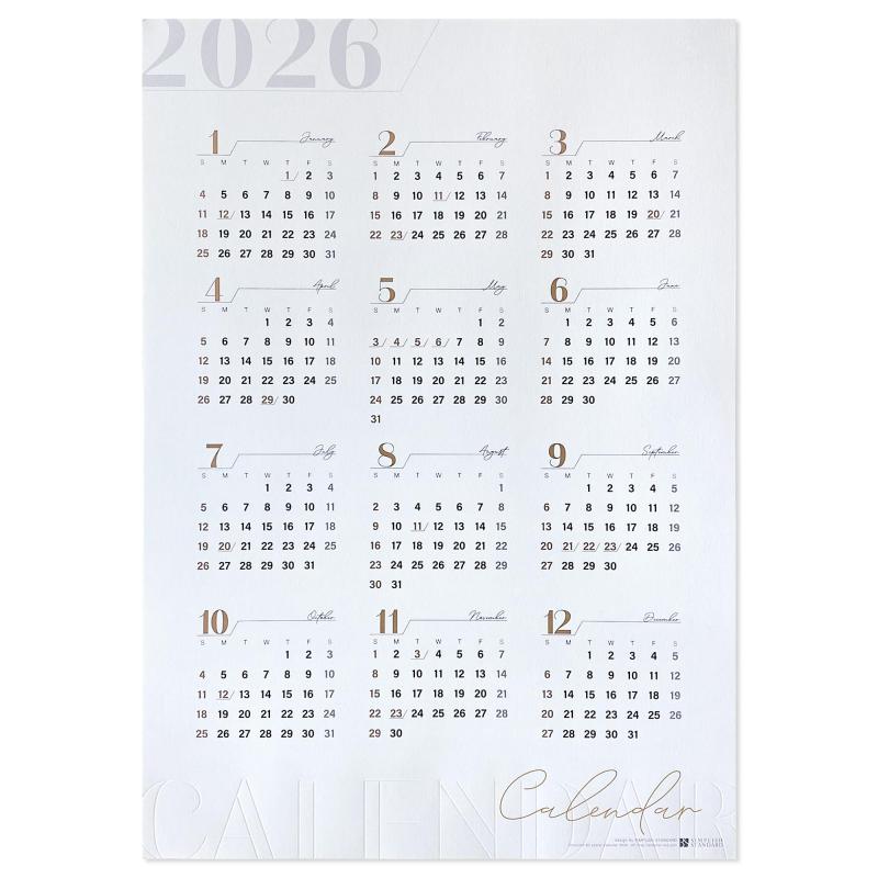 SIMPLISH STANDARD 2026 ポスターカレンダー B3 12ヶ月 年間 シンプル エンボス加工 ゴールド印刷【SIMPLISH STANDARDのカレンダー】 フォントの美しさ・余白のバランス・色合い・線の太さに至るまで、隅...