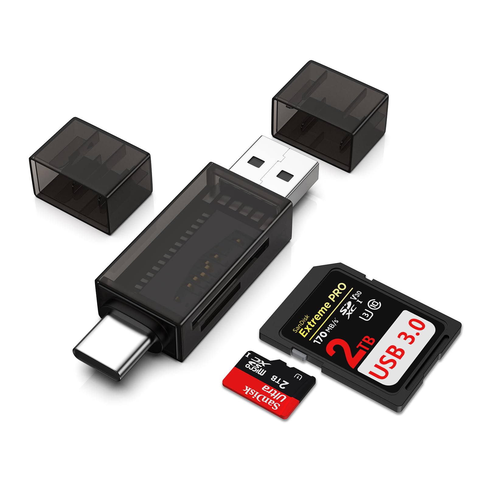 ・インターフェース:USB-A、Type-C ・同時読み取り:SDカード、マイクロSDカード(MicroSD/TF) ・転送速度:最大5Gbps ・対応容量:最大2TBまで