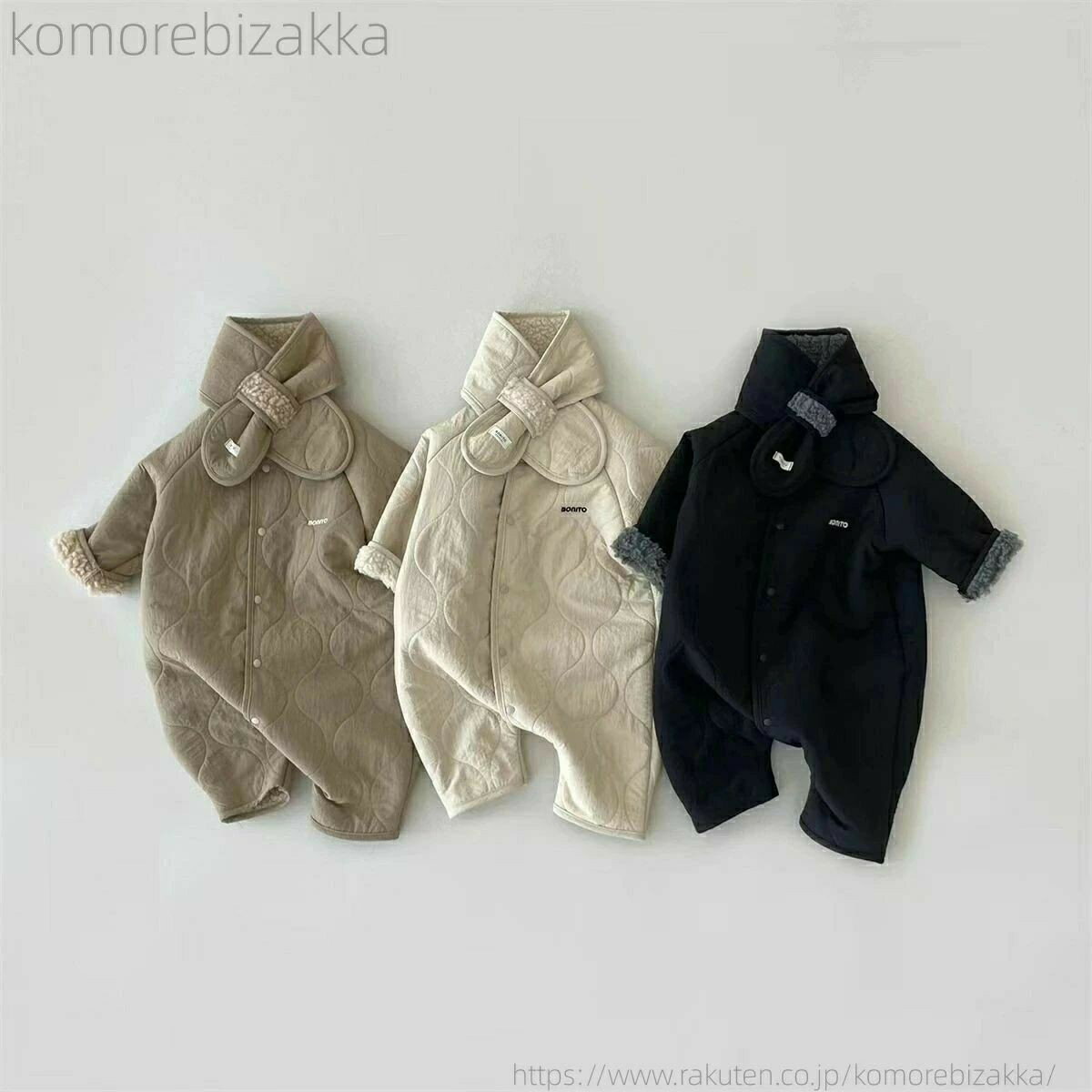 ■素材 コットン ■サイズ： 66推奨身長59-66cm 73推奨身長66-73cm 80推奨身長73-80cm 90推奨身長80-90cm ■セット内容： ロンパース+マフラー 注意事項 ※サイズ表記は目安です。若干の誤差がある場合がござ...
