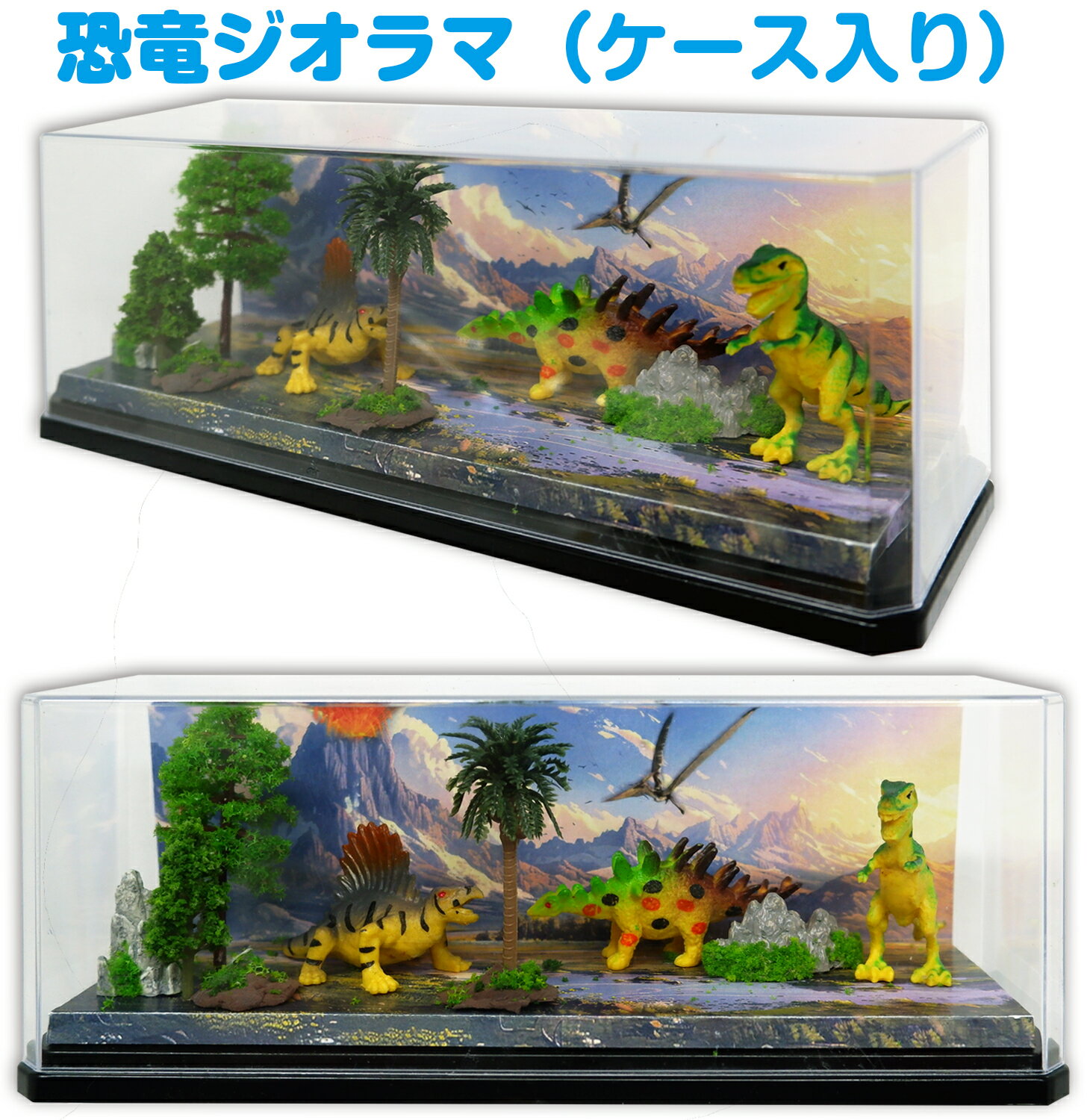 【内容】 ●恐竜ジオラマクリアーボックス　1個　 （横205mm × 幅65mm× 高さ82mm） ●恐竜フィギュア 12個●木フィギュア 4個●岩フィギュア 2個●草フィギュア 4個 モニターの発色の具合によって実際のものと色が異なる場合...