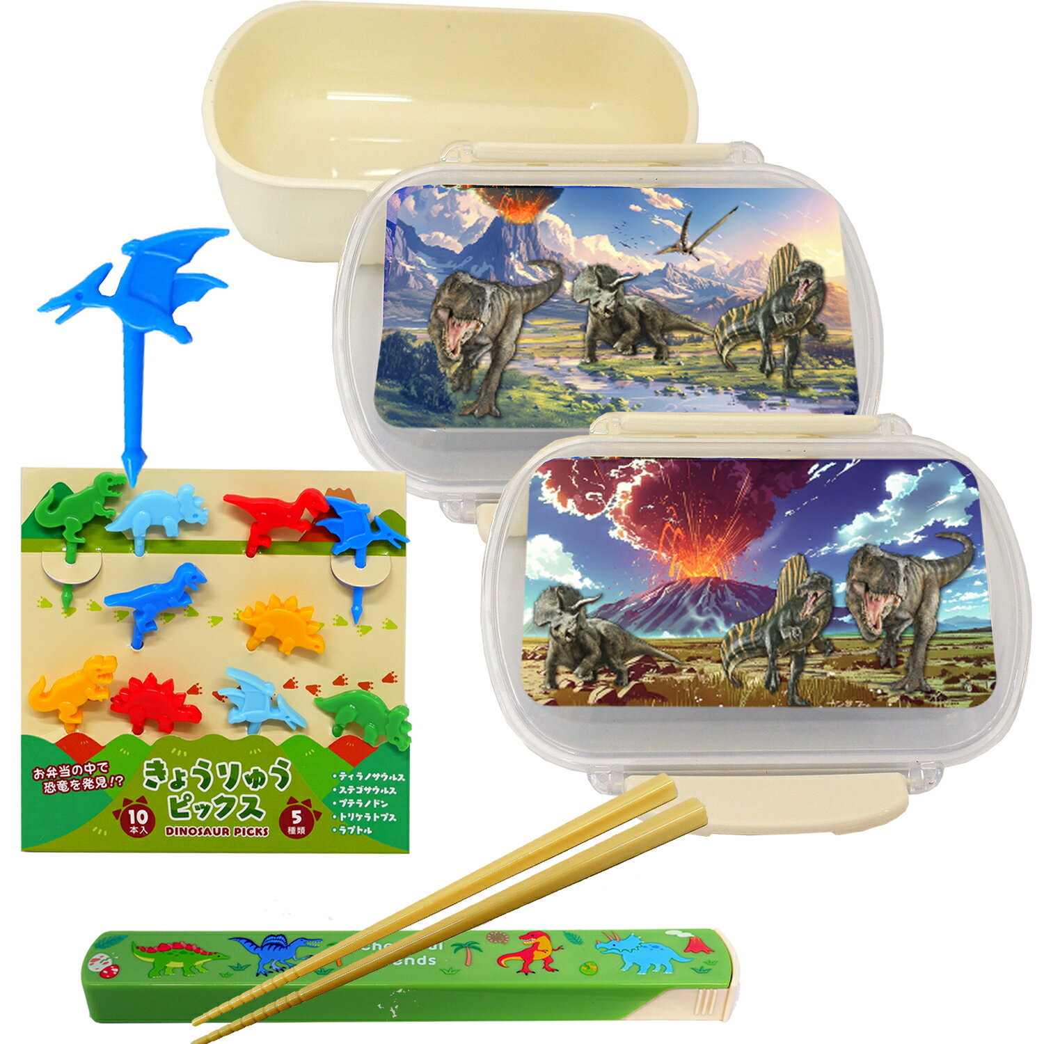 商品名 恐竜弁当箱小3点セット サイズ 恐竜弁当箱：横183mm×幅81mm×高さ51mm恐竜はし：長さ180mm 備考 ※予告なく内容が変更になる場合があります。 ※モニターの発色の具合によって実際のものと色が異なる場合がございます。恐竜...